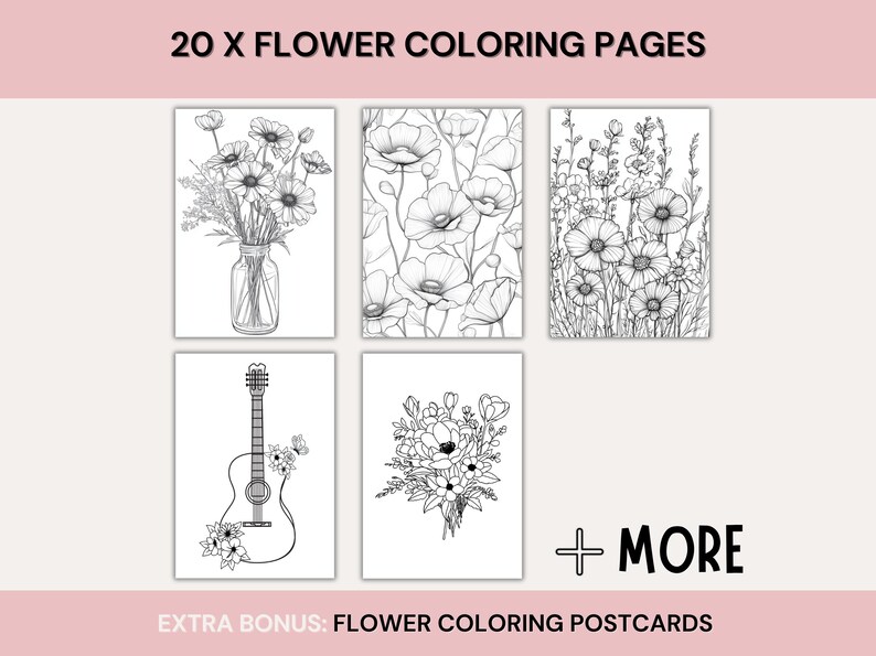 Printable Flower Coloring Pages Set, 20 Floral Designs PDF Format ...
