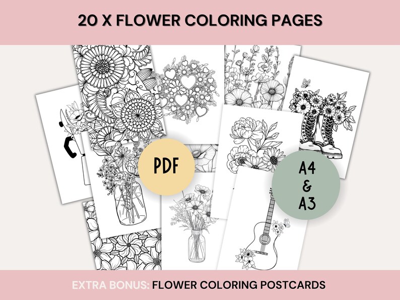 Printable Flower Coloring Pages Set, 20 Floral Designs PDF Format ...