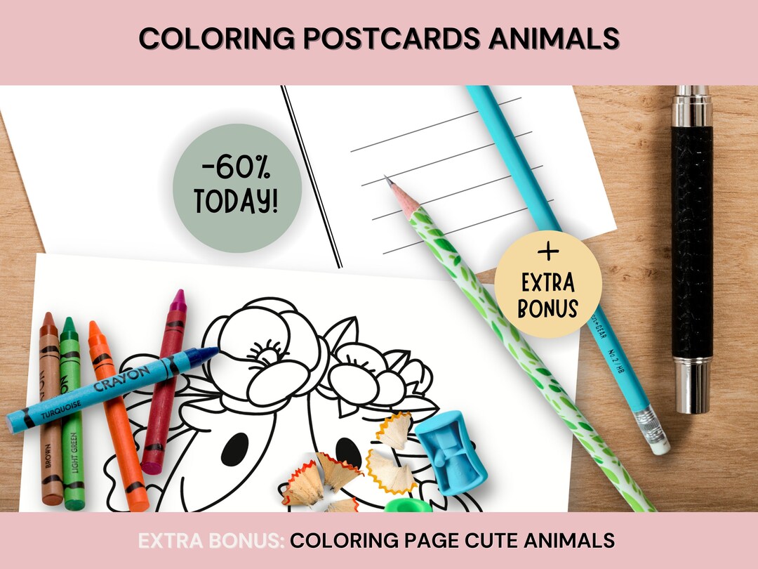 Coloring Animals Printable Coloring Postcard Set of 4, Printable Kids ...