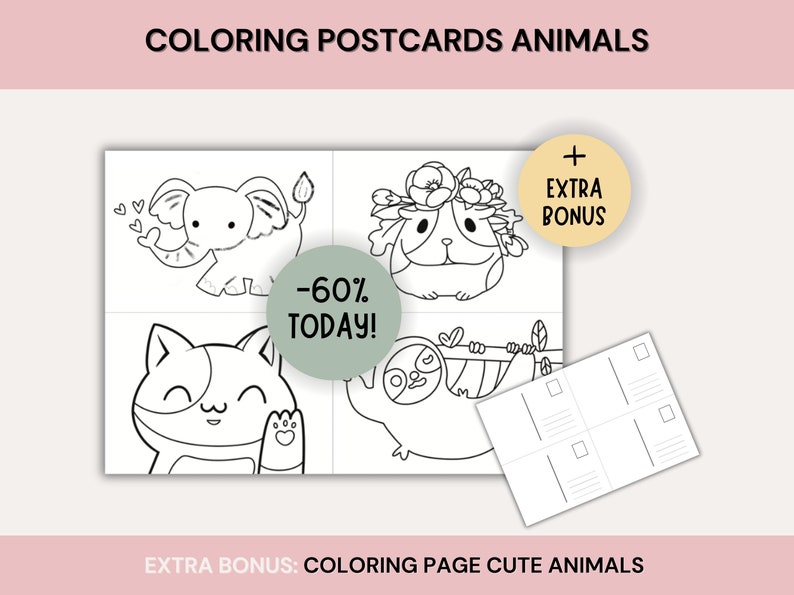 Cute Animals Printable Coloring Postcard Set of 4, Guinea Pig, Cat ...