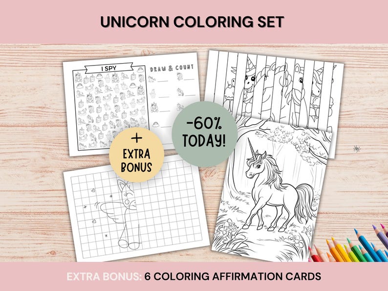 Magical Unicorn Coloring Set With Bonus Affirmation Cards, I Spy ...