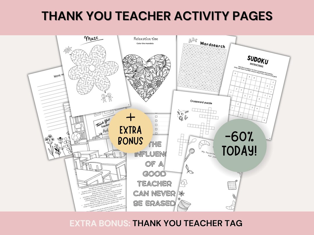 Thank You Teacher Gift, Printable Thank You Teacher Activity Booklet ...