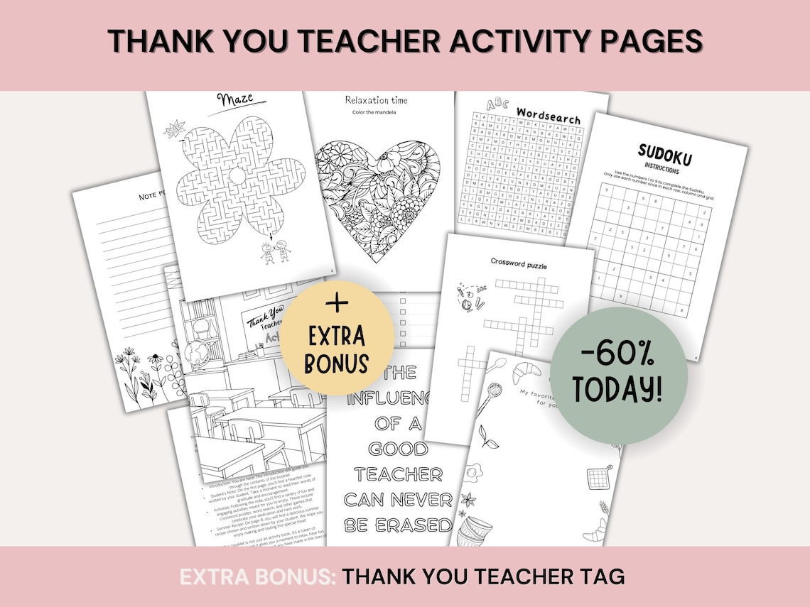 Thank You Teacher Gift, Printable Thank You Teacher Activity Booklet ...