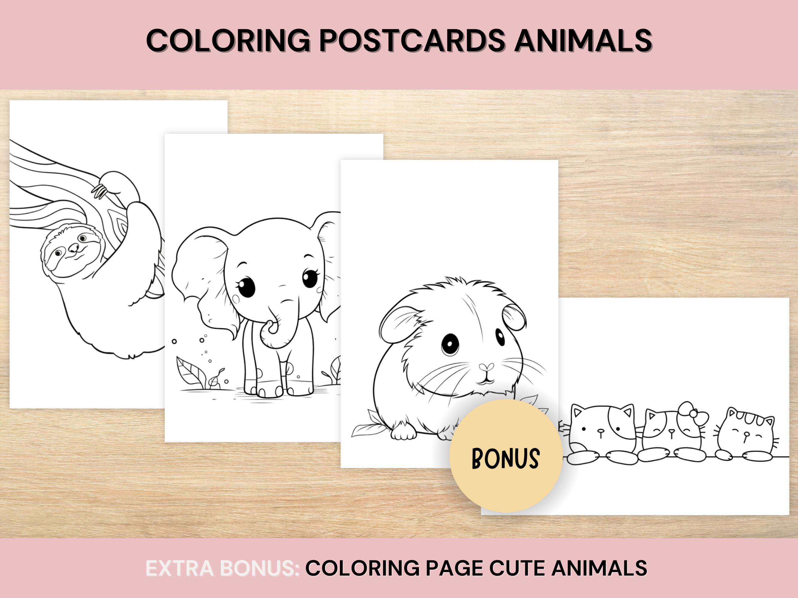 Cute Animals Printable Coloring Postcard Set of 4, Guinea Pig, Cat ...