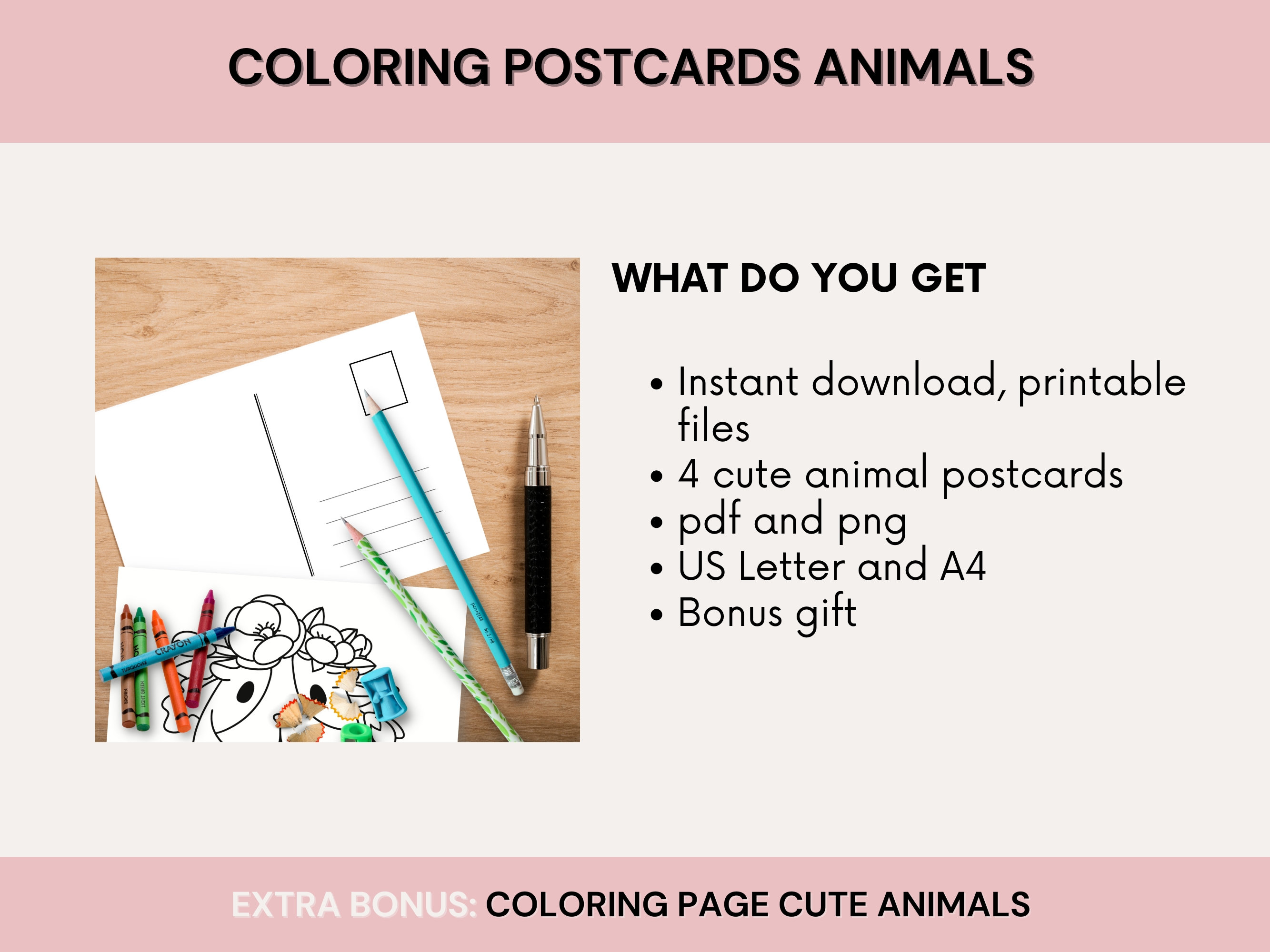 Cute Animals Printable Coloring Postcard Set of 4, Guinea Pig, Cat ...