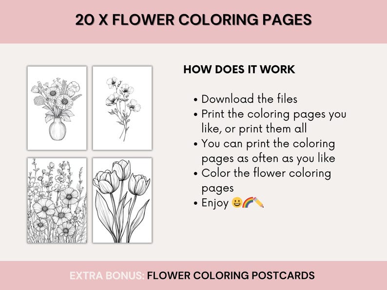 Printable Flower Coloring Pages Set, 20 Floral Designs PDF Format ...
