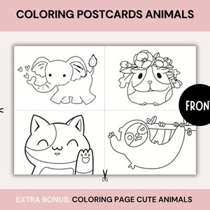 Cute Animals Printable Coloring Postcard Set, Guinea Pig, Cat, Elephant ...