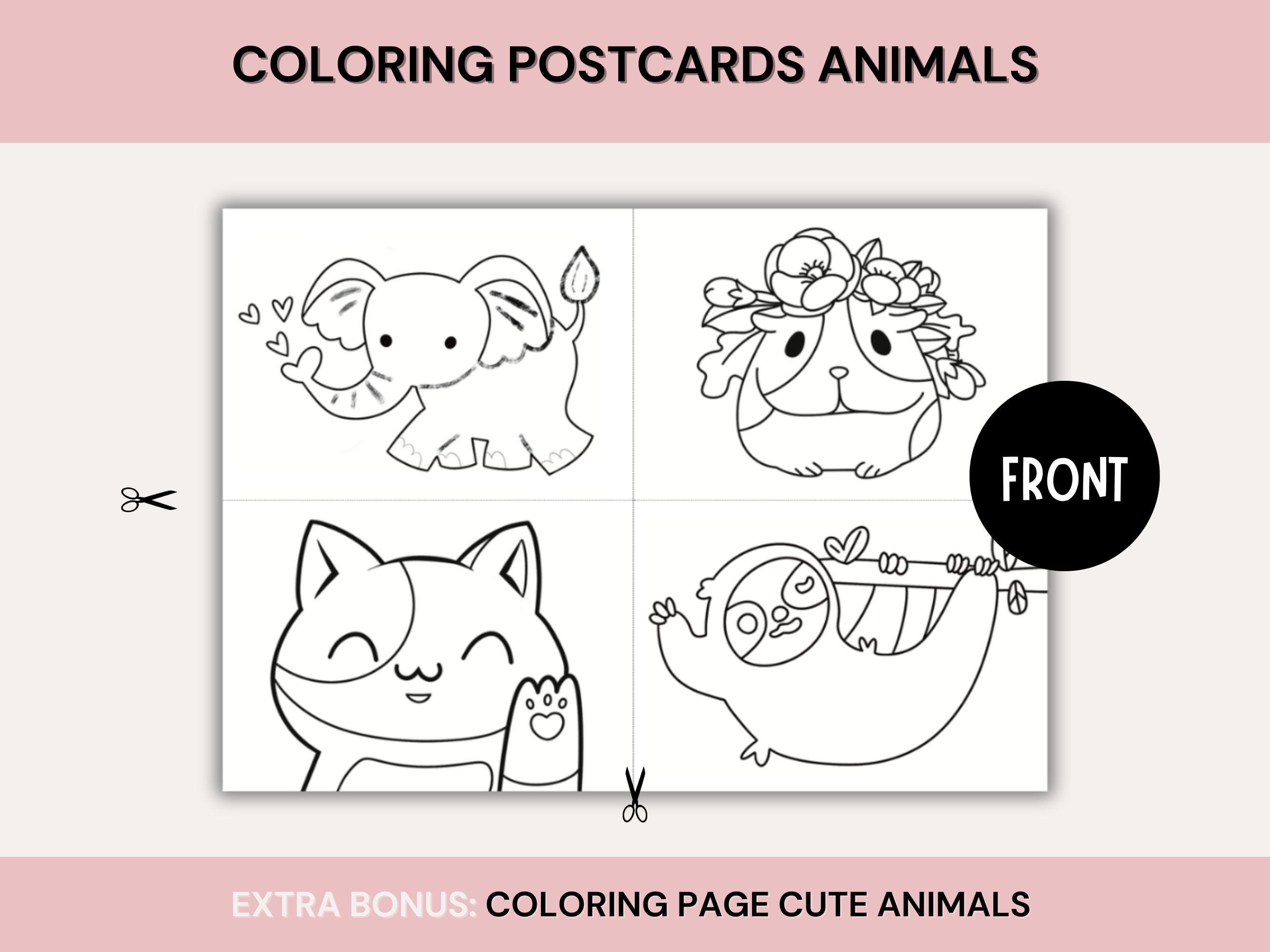 Cute Animals Printable Coloring Postcard Set, Guinea Pig, Cat, Elephant ...