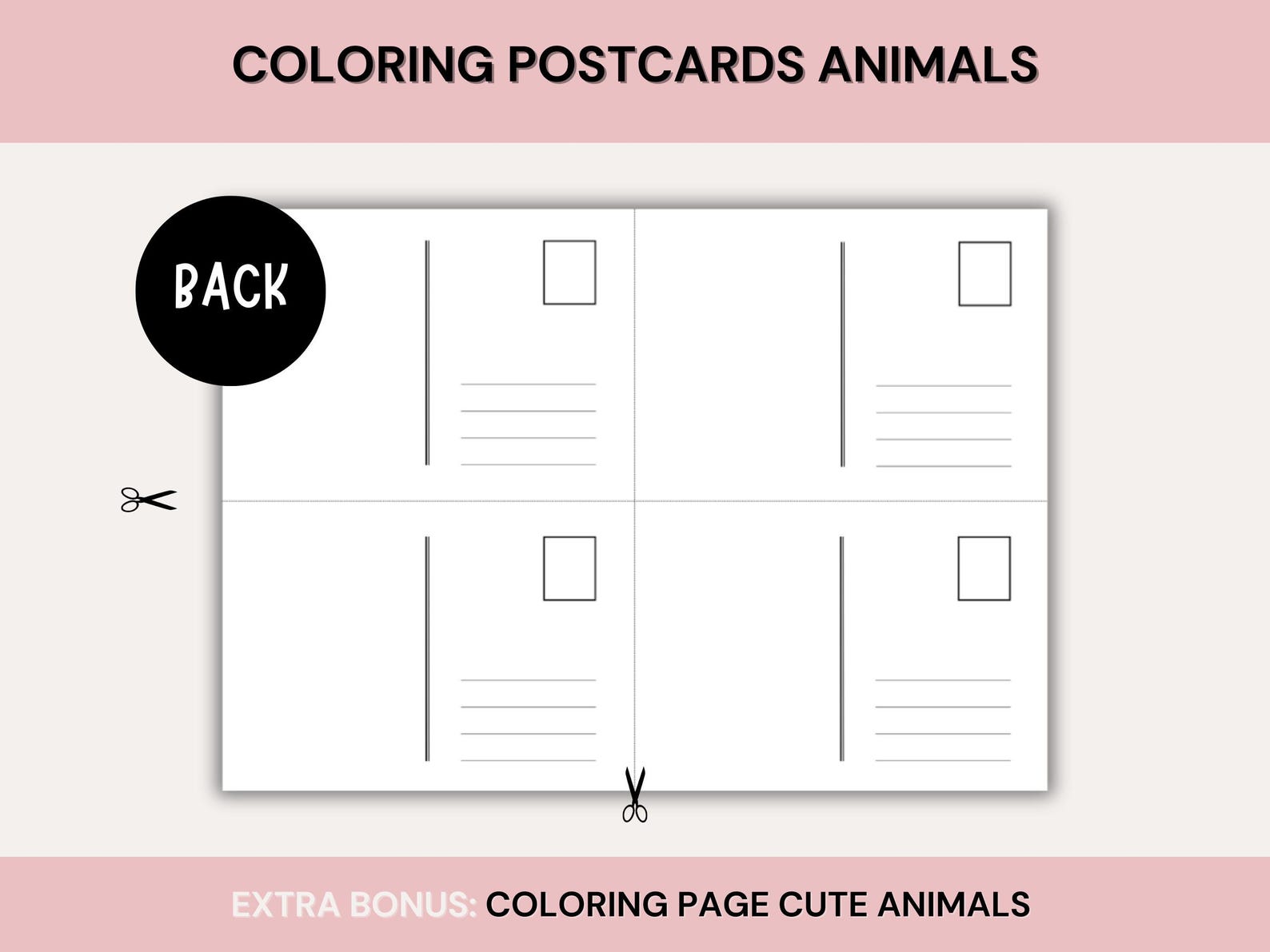 Cute Animals Printable Coloring Postcard Set, Guinea Pig, Cat, Elephant ...