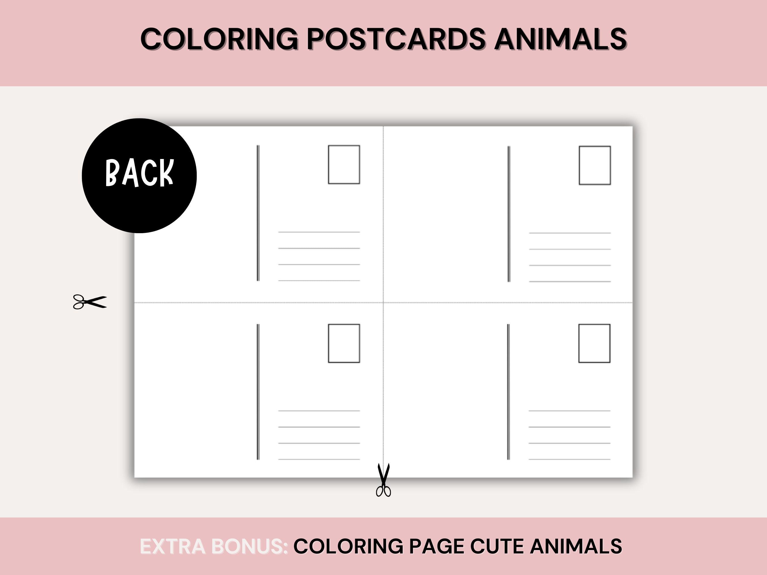 Cute Animals Printable Coloring Postcard Set of 4, Guinea Pig, Cat ...