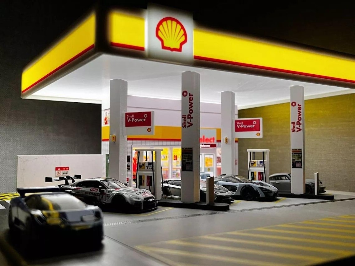 1:64 Scale Shell Gas Station Diorama With LED Lights Miniature Model ...
