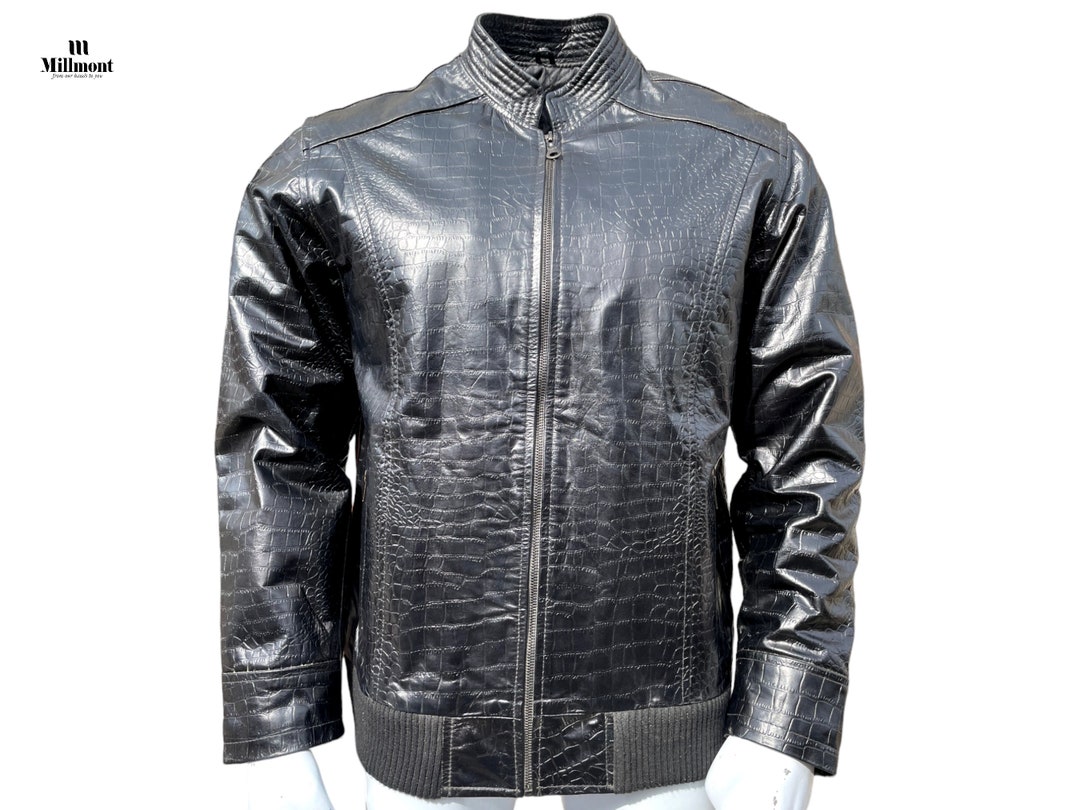 Men's Black Crocodile Alligator Skin Style Leather Jacket Embossed on Sheep Leather, Men ...