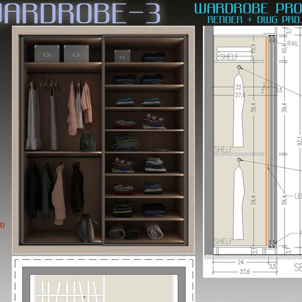 Wardrobe Project DWG, Wardrobe 3d Render, Wardrobe Design, Wardrobe ...