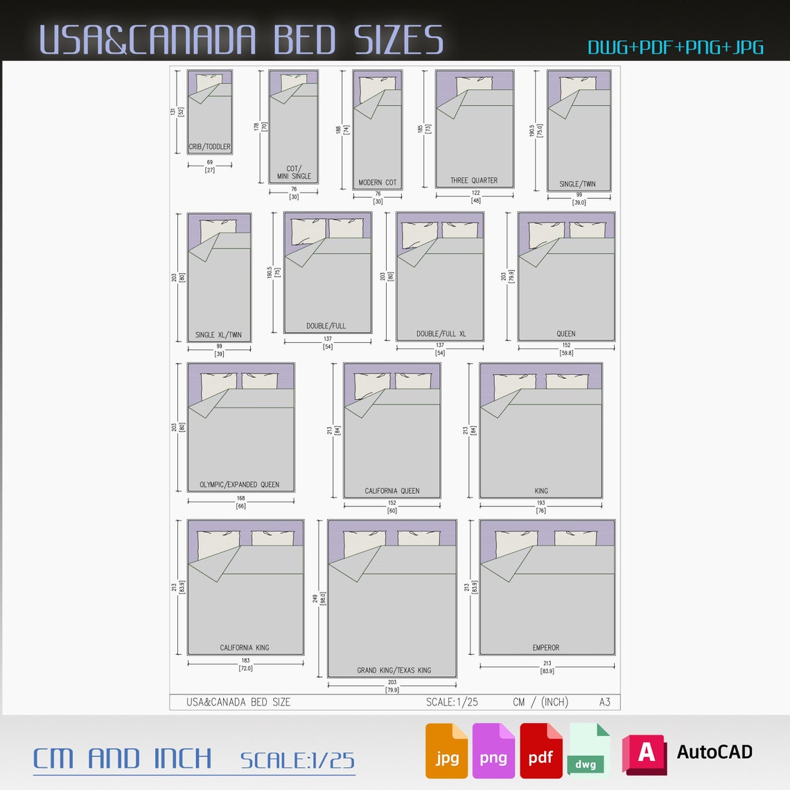 Usa&canada Bed Sizes, Bed Sizes, Bed Dwg, Bed Architectural Drawing ...
