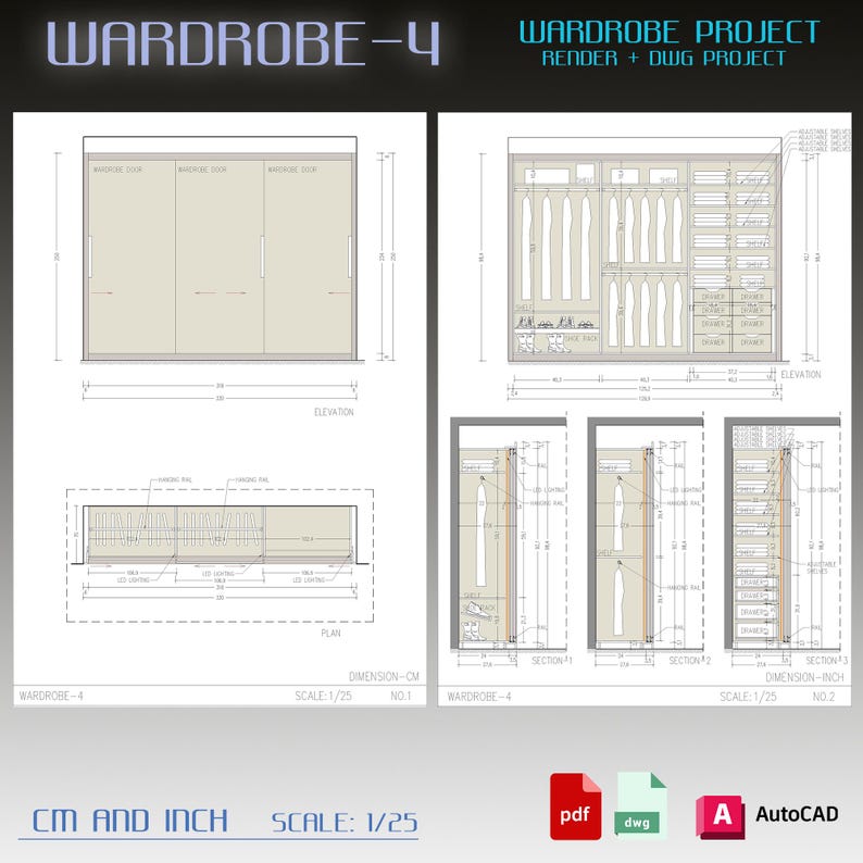 Wardrobe Project: DWG, Render, Plan, Elevations (PDF) - Etsy