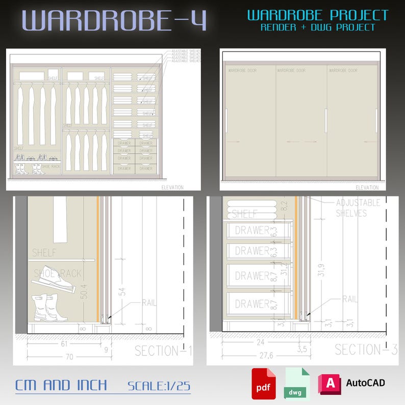 Wardrobe Project: DWG, Render, Plan, Elevations (PDF) - Etsy