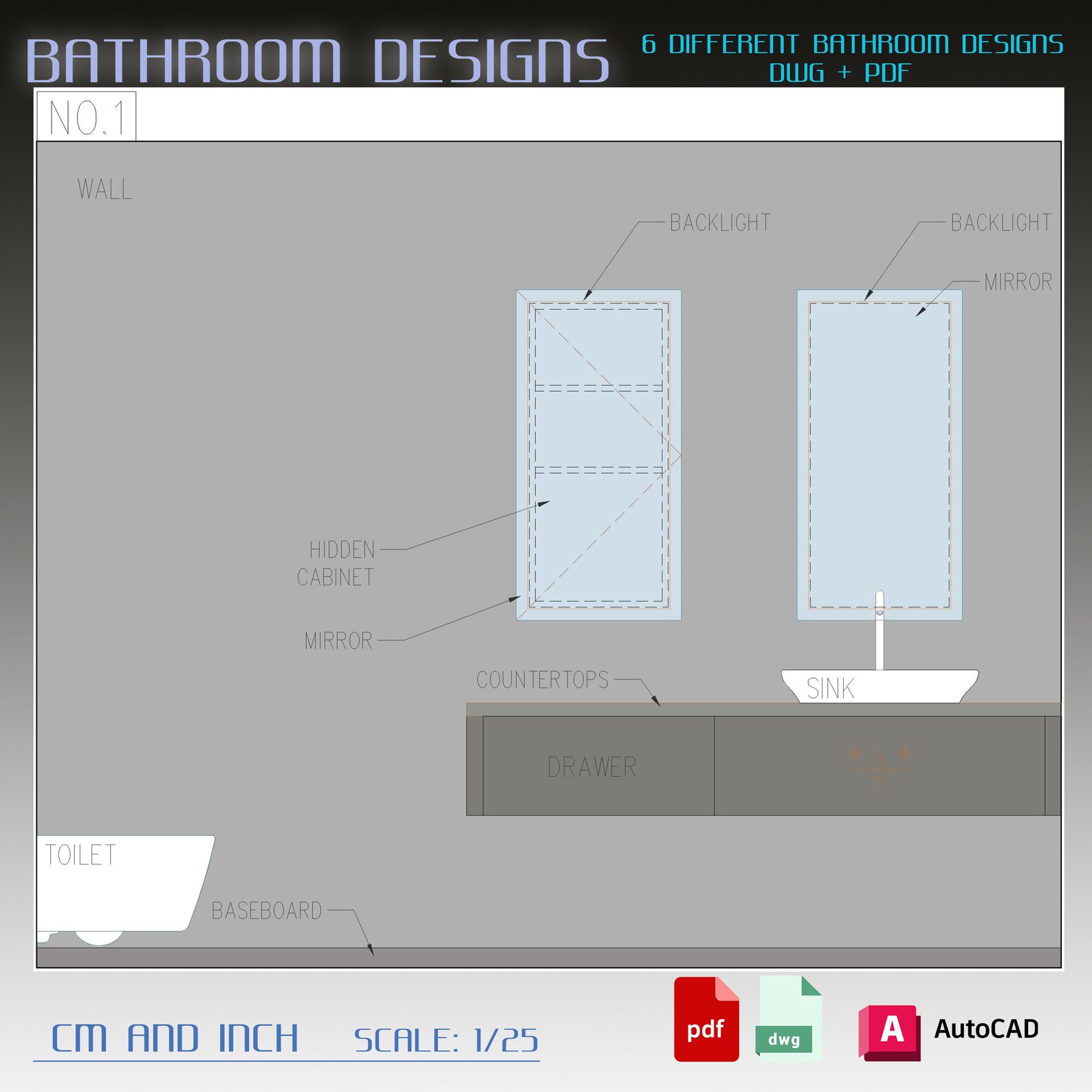 Bathroom Design Elevations: Architectural Drawings (DWG & PDF) - Etsy