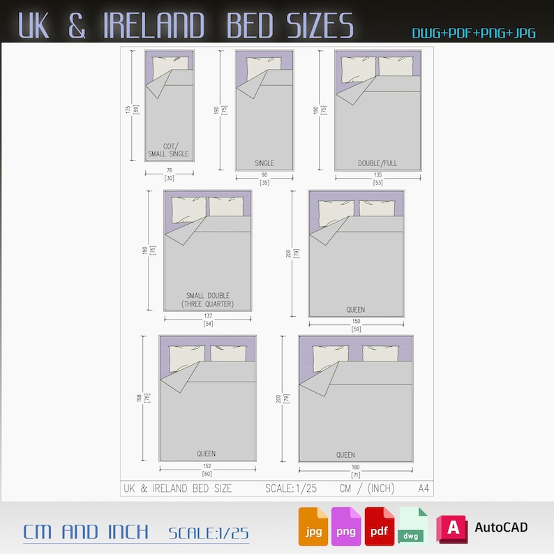 Uk&ireland Bed Sizes, Bed Sizes, Bed Dwg, Bed Architectural Drawing ...
