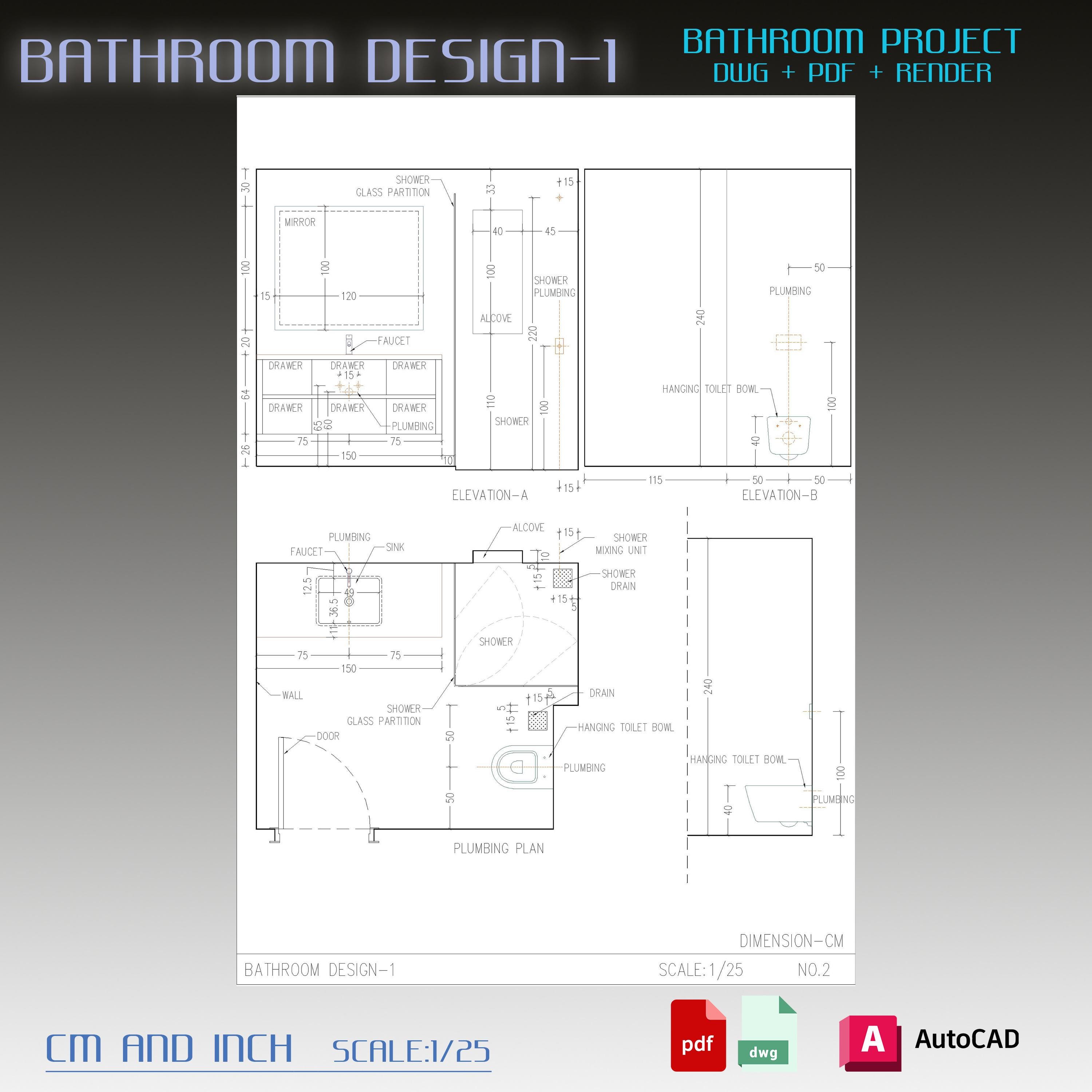 Bathroom Design Project: Architectural CAD Drawing (DWG, PDF) - Etsy