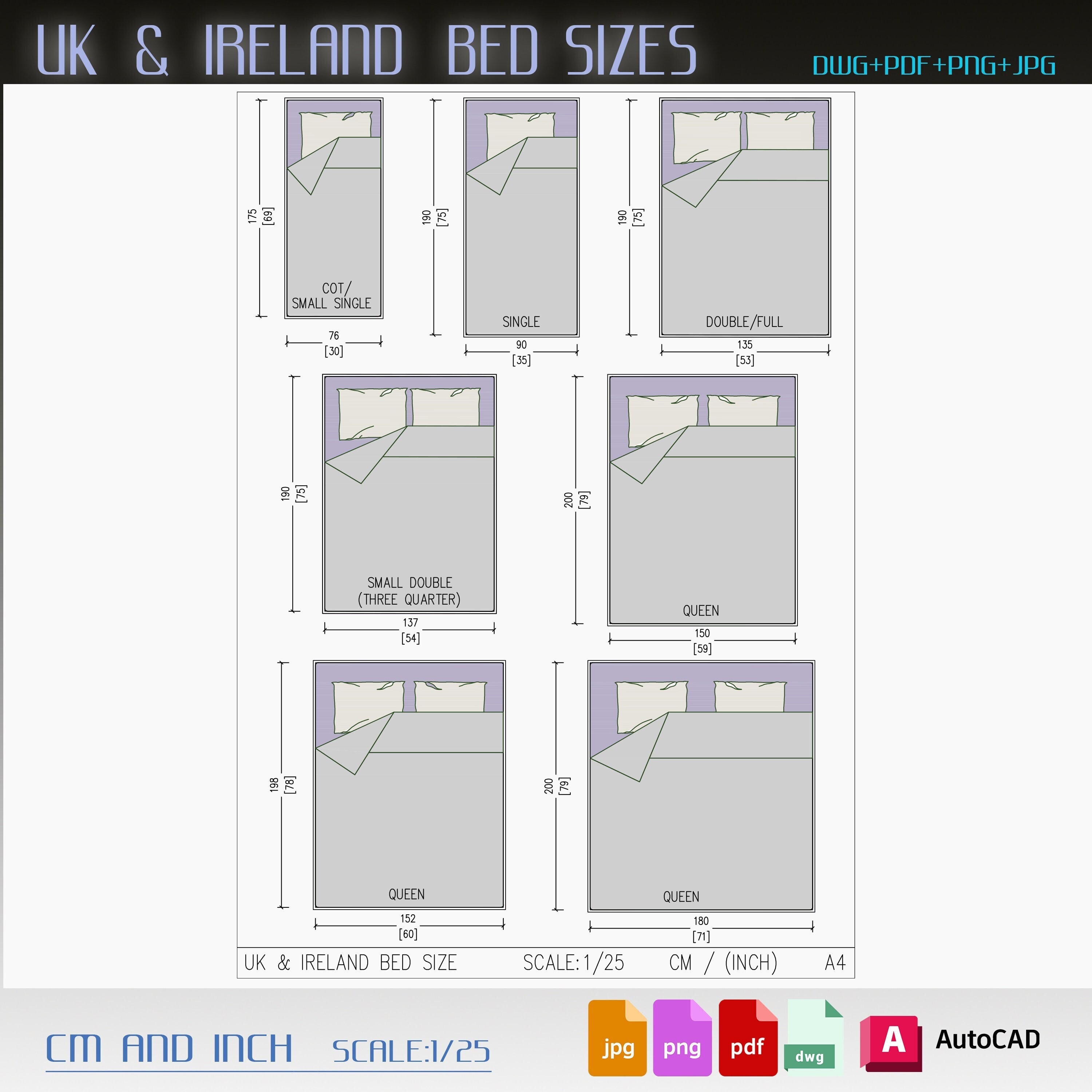 Uk&ireland Bed Sizes, Bed Sizes, Bed Dwg, Bed Architectural Drawing ...