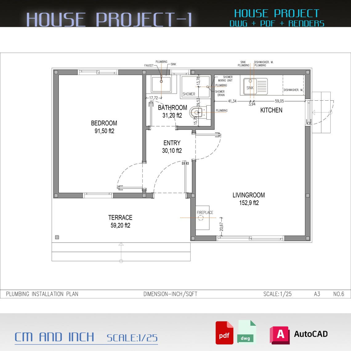 Small Cottage House Plan: 1-bedroom Architectural DWG CAD (PDF) - Etsy