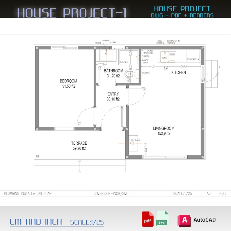 House Project DWG, House 3d Render, 1 Bedroom House, House ...