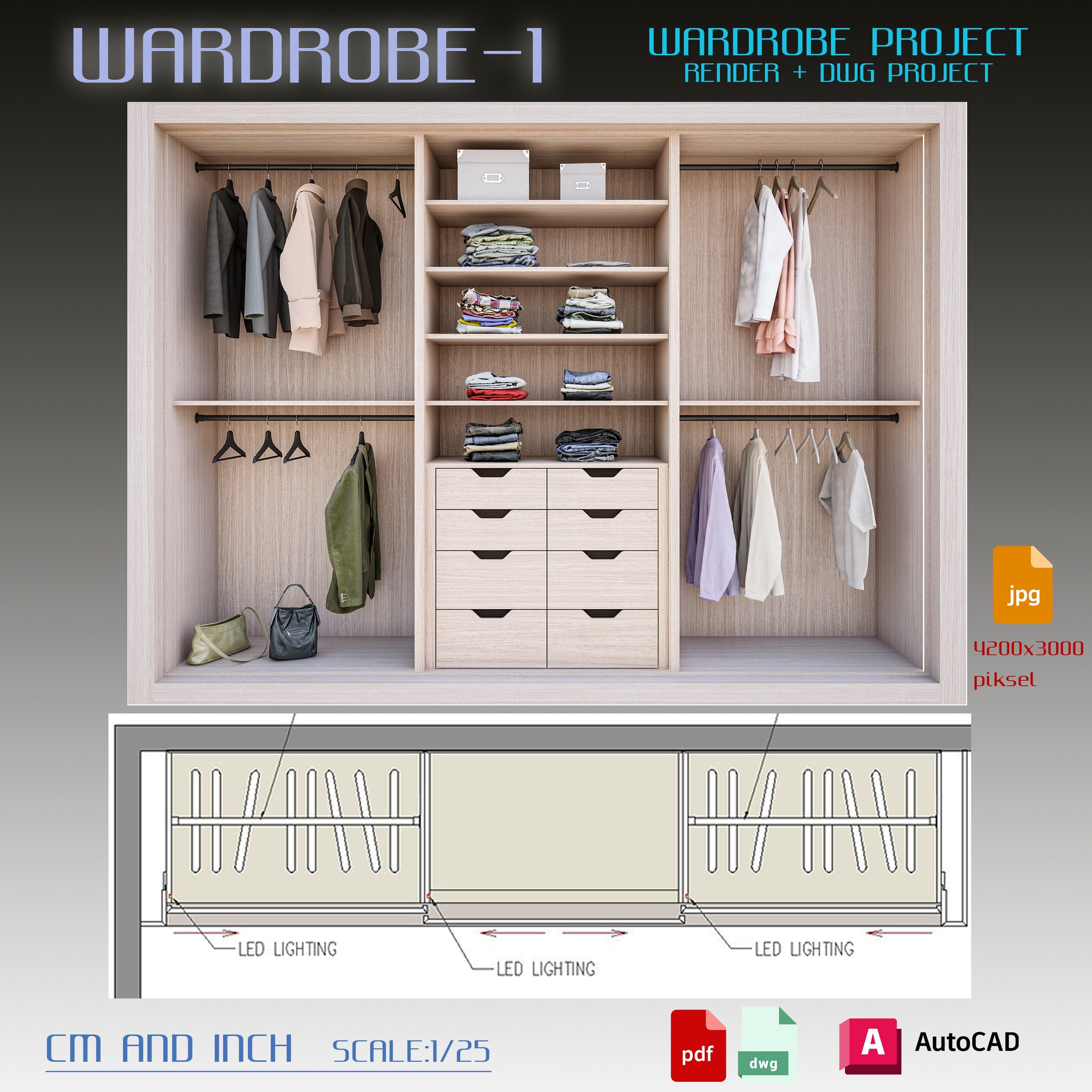 Wardrobe Project DWG, Wardrobe 3d Render, Wardrobe Design, Wardrobe ...