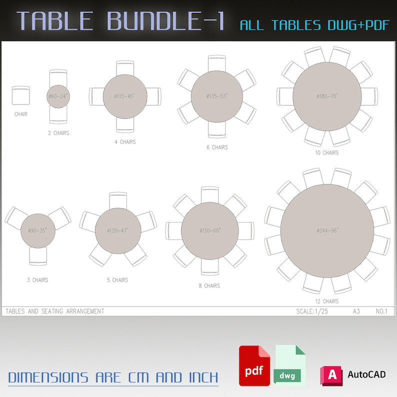 Tables Bundle Plan DWG/CAD, Plan Tables, Furniture Plan, Architecture ...