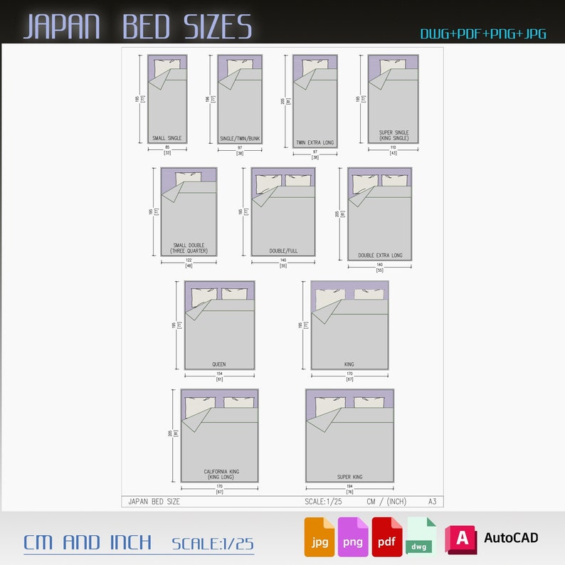 Japan Bed Sizes, Bed Sizes, Bed Dwg, Bed Architectural Drawing, Bed Cad ...