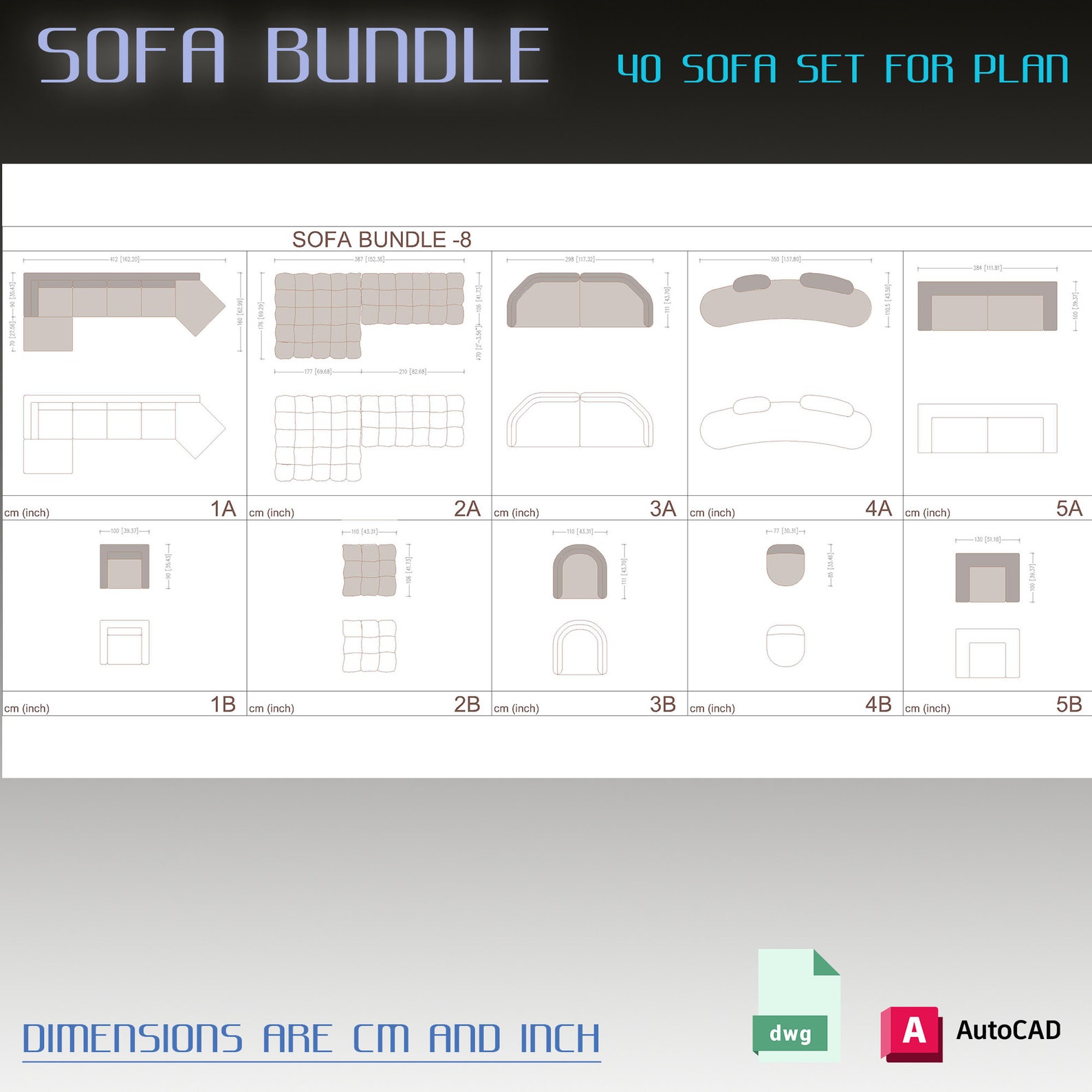 BIG Sofa Set Bundle Plan DWG/CAD, Top View Sofa, Furniture Plan ...