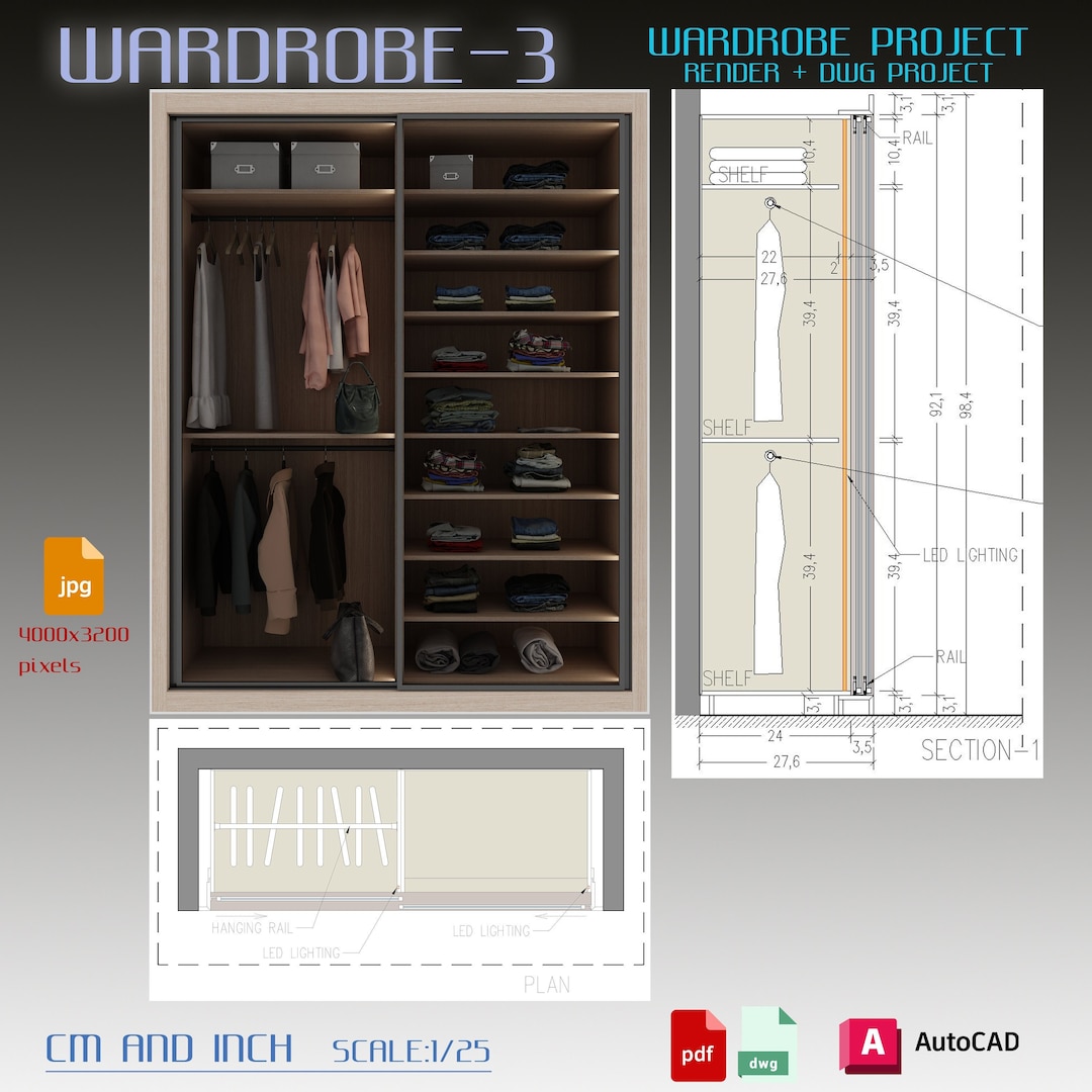 Wardrobe Project DWG, Wardrobe 3d Render, Wardrobe Design, Wardrobe ...