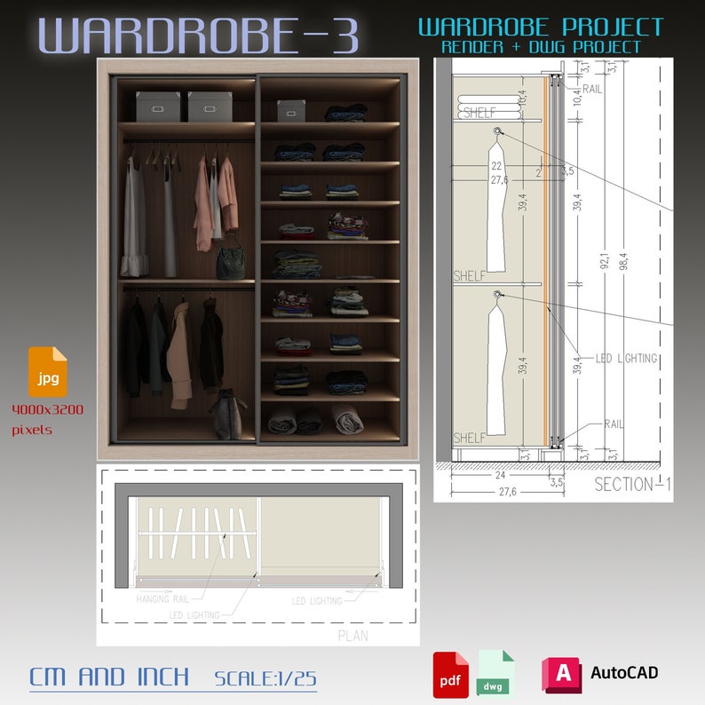 Wardrobe Project DWG, Wardrobe 3d Render, Wardrobe Design, Wardrobe ...