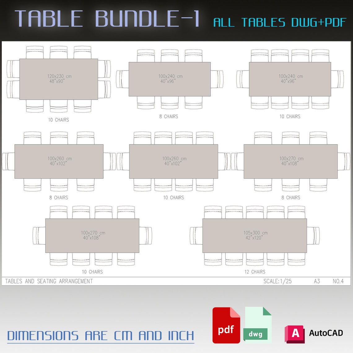 Tables Bundle Plan DWG/CAD, Plan Tables, Furniture Plan, Architecture ...
