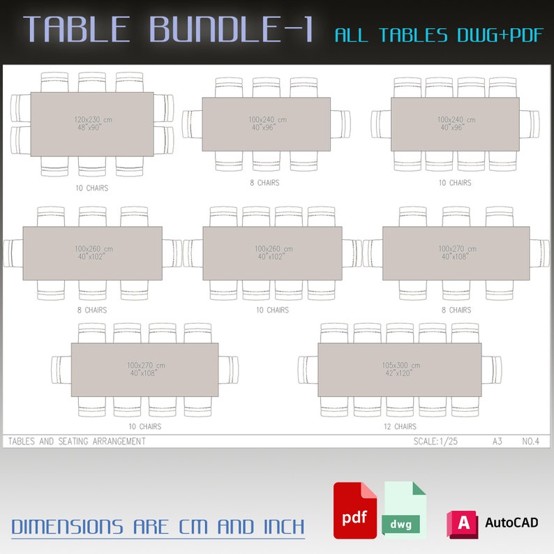 Tables Bundle Plan DWG/CAD, Plan Tables, Furniture Plan, Architecture ...