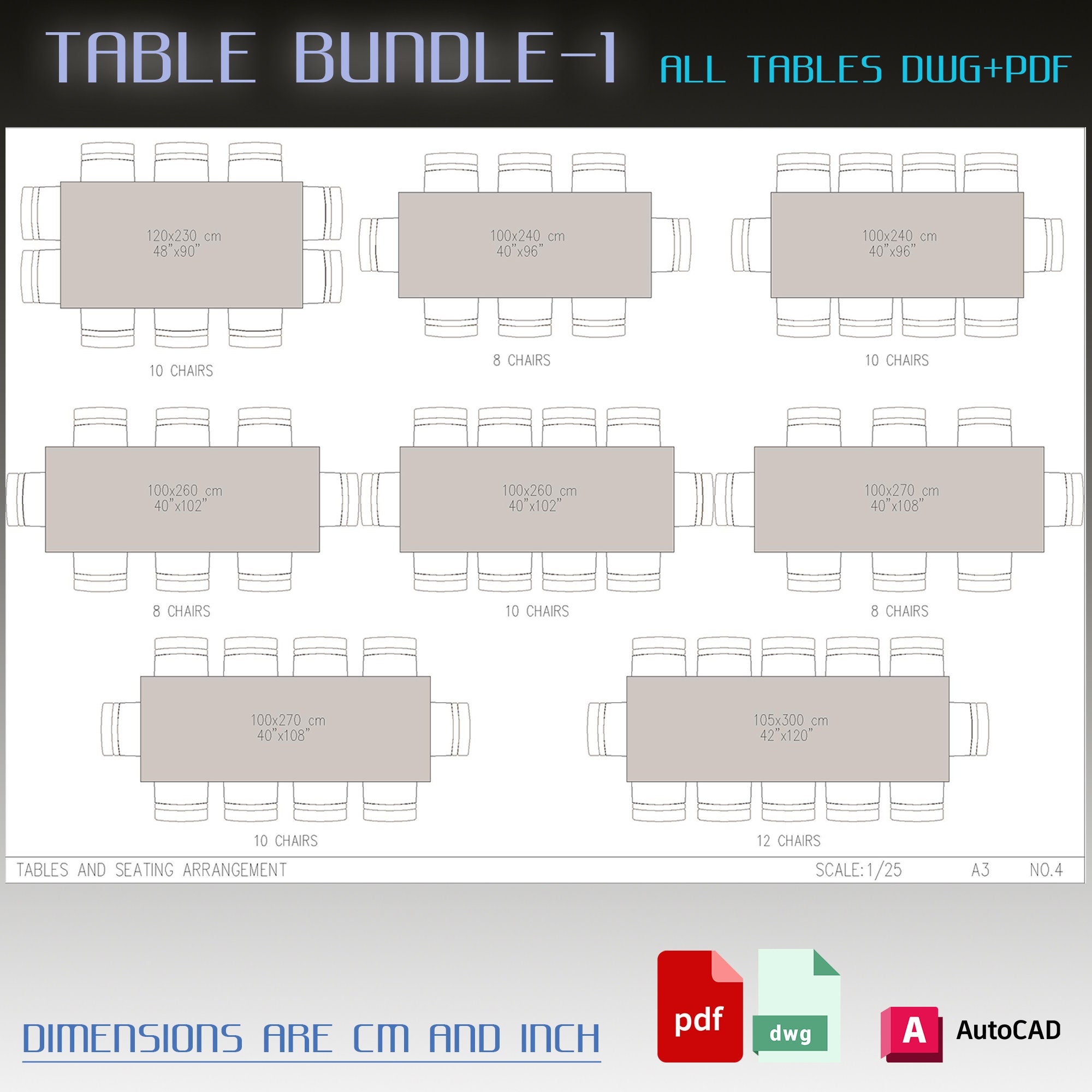 Tables Bundle Plan DWG/CAD, Plan Tables, Furniture Plan, Architecture ...