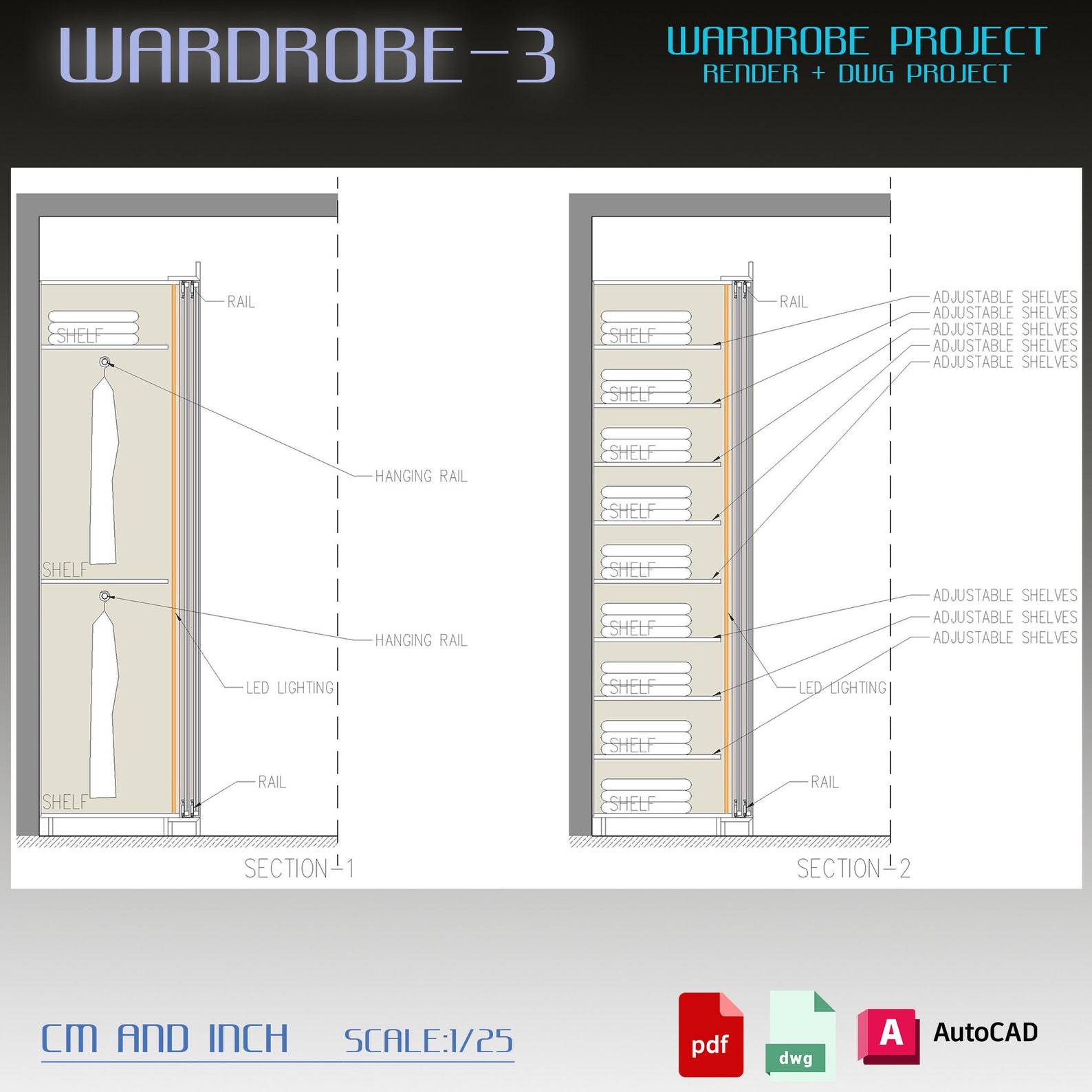Wardrobe Project DWG, Wardrobe 3d Render, Wardrobe Design, Wardrobe ...