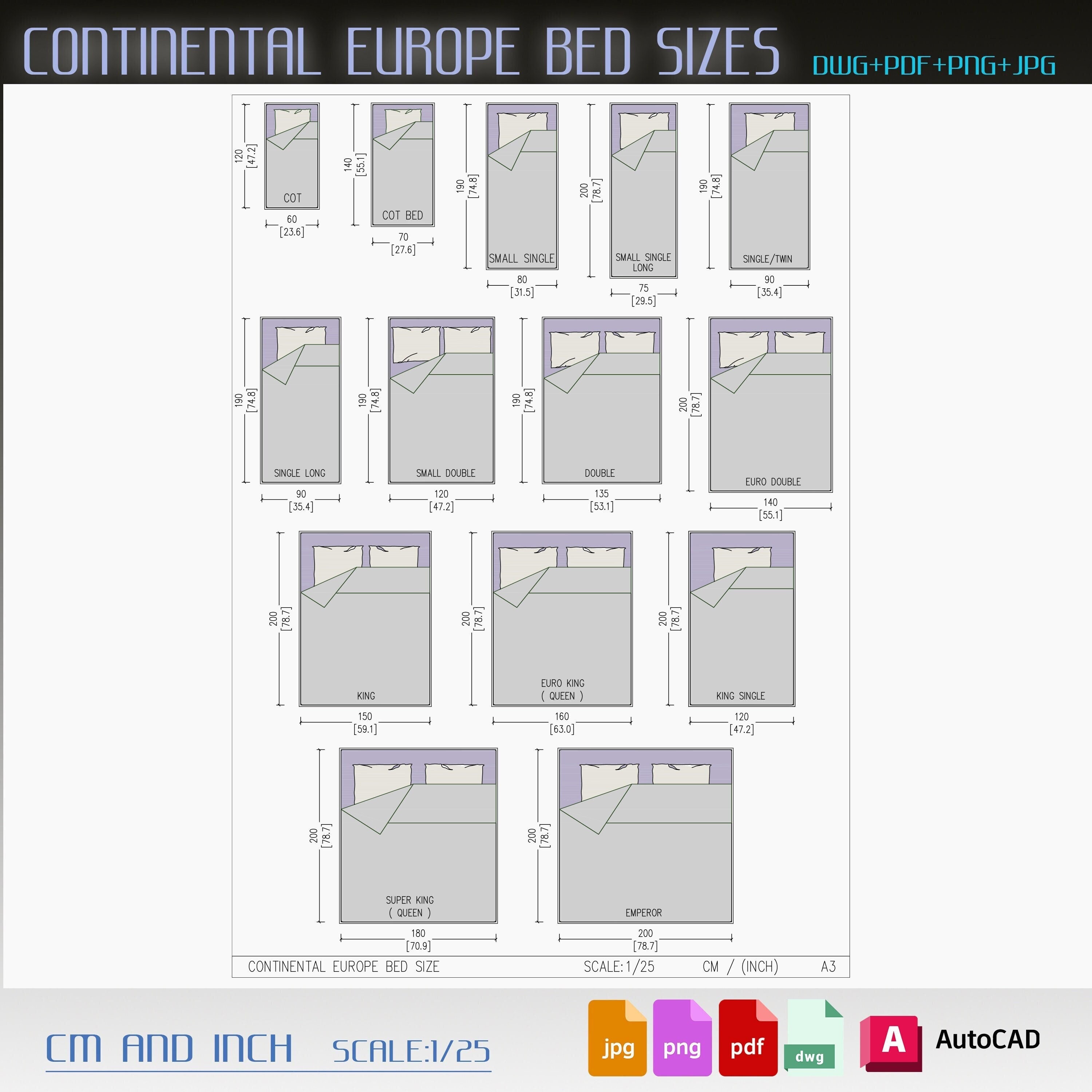 Continental Europe Bed Sizes, Bed Sizes, Bed Dwg, Bed Architectural ...