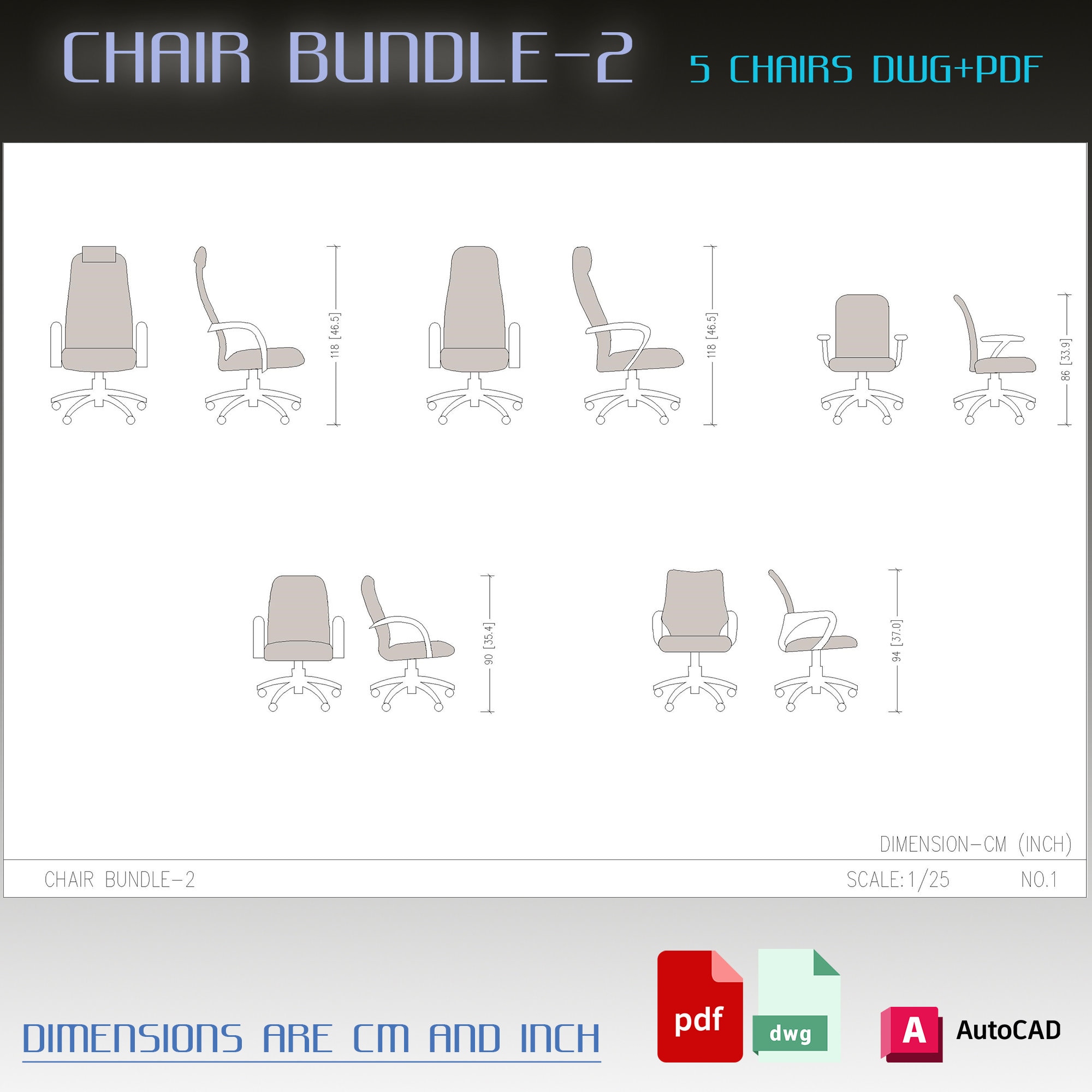 Chair Bundle Elevation DWG/CAD, Chair Elevation, Furniture Elevation ...