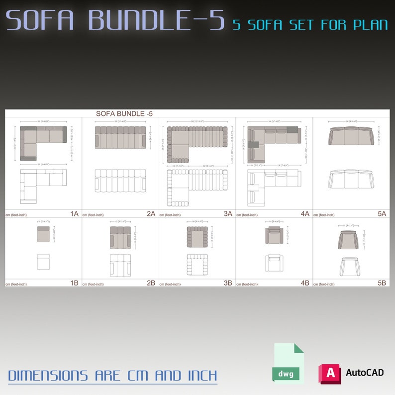 Sofa Set Bundle Plan DWG/CAD, Top View Sofa, Furniture Plan ...
