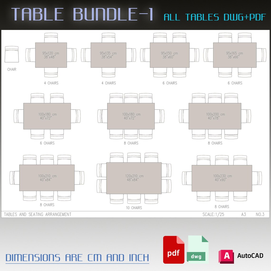 Tables Bundle Plan DWG/CAD, Plan Tables, Furniture Plan, Architecture ...