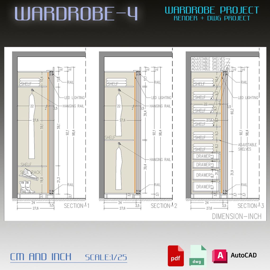 Wardrobe Project: DWG, Render, Plan, Elevations (PDF) - Etsy