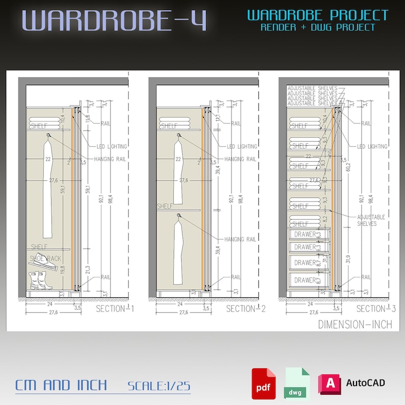 Wardrobe Project: DWG, Render, Plan, Elevations (PDF) - Etsy