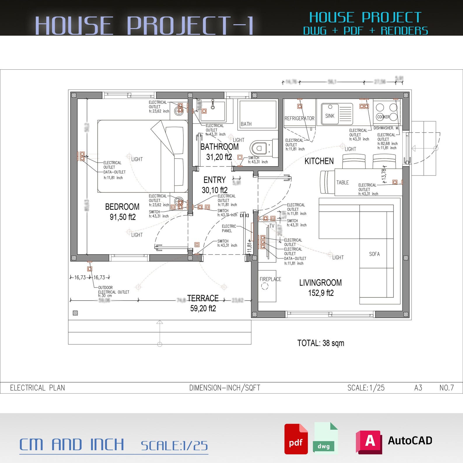 House Project DWG, House 3d Render, 1 Bedroom House, House ...