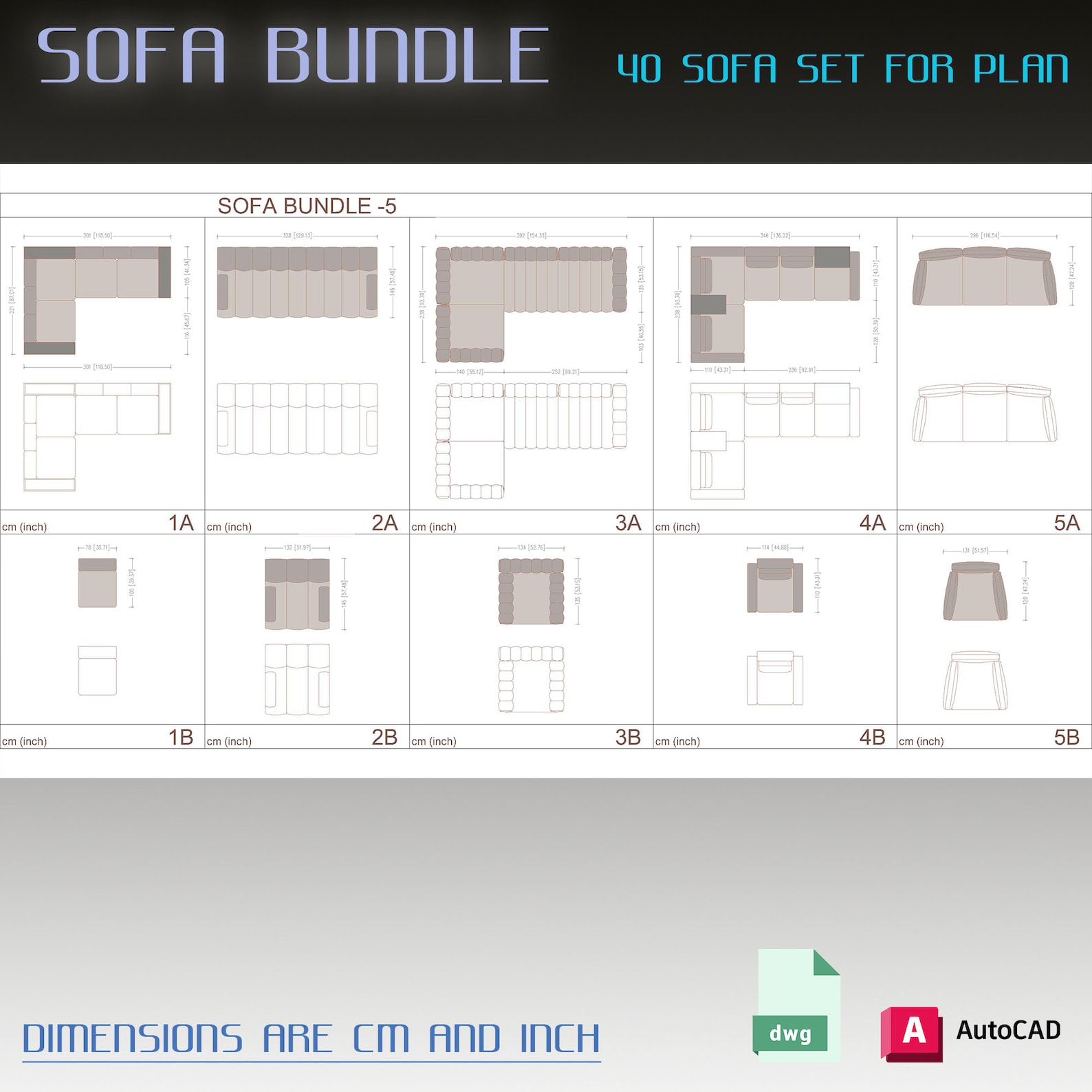 BIG Sofa Set Bundle Plan DWG/CAD, Top View Sofa, Furniture Plan ...