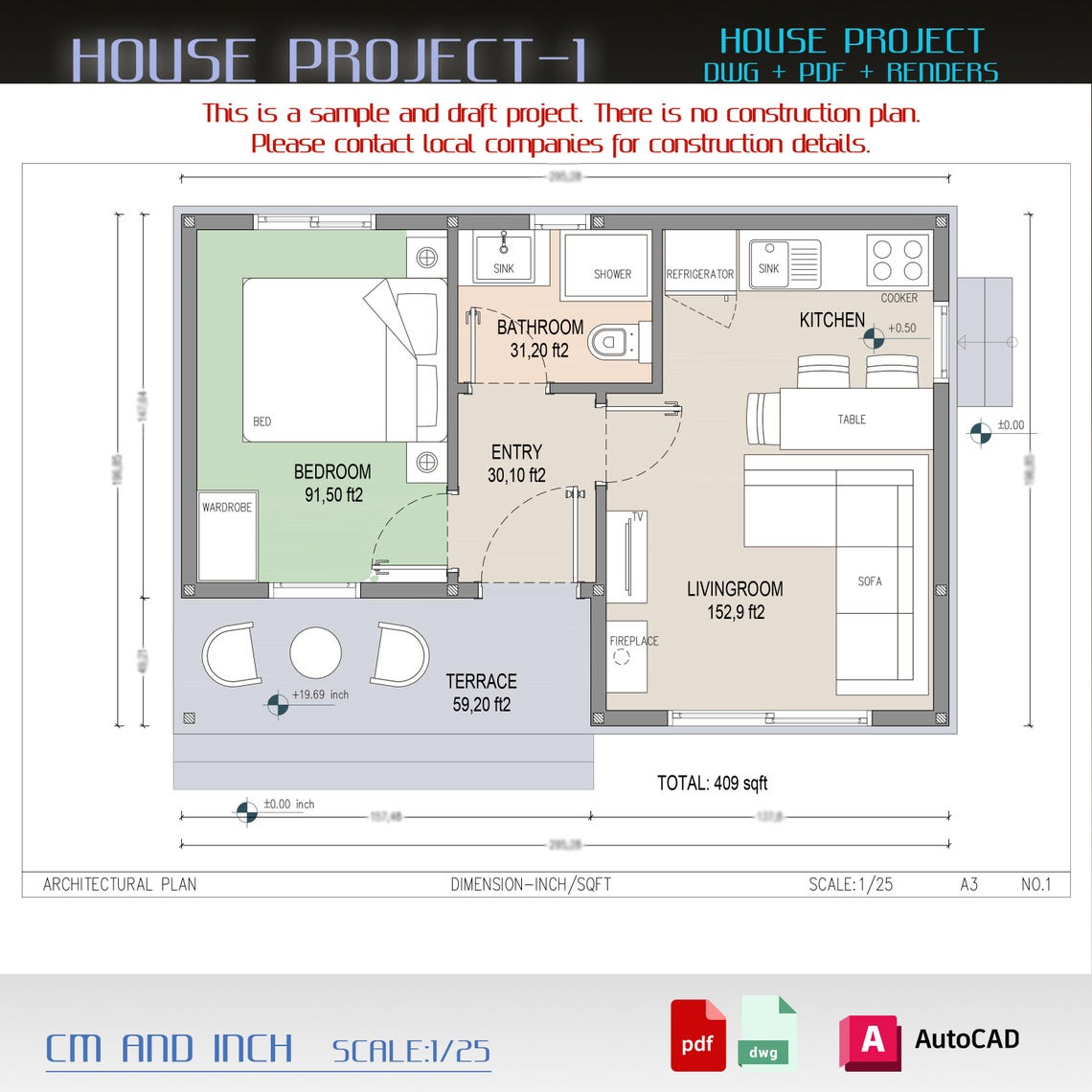 House Project DWG, House 3d Render, 1 Bedroom House, House ...