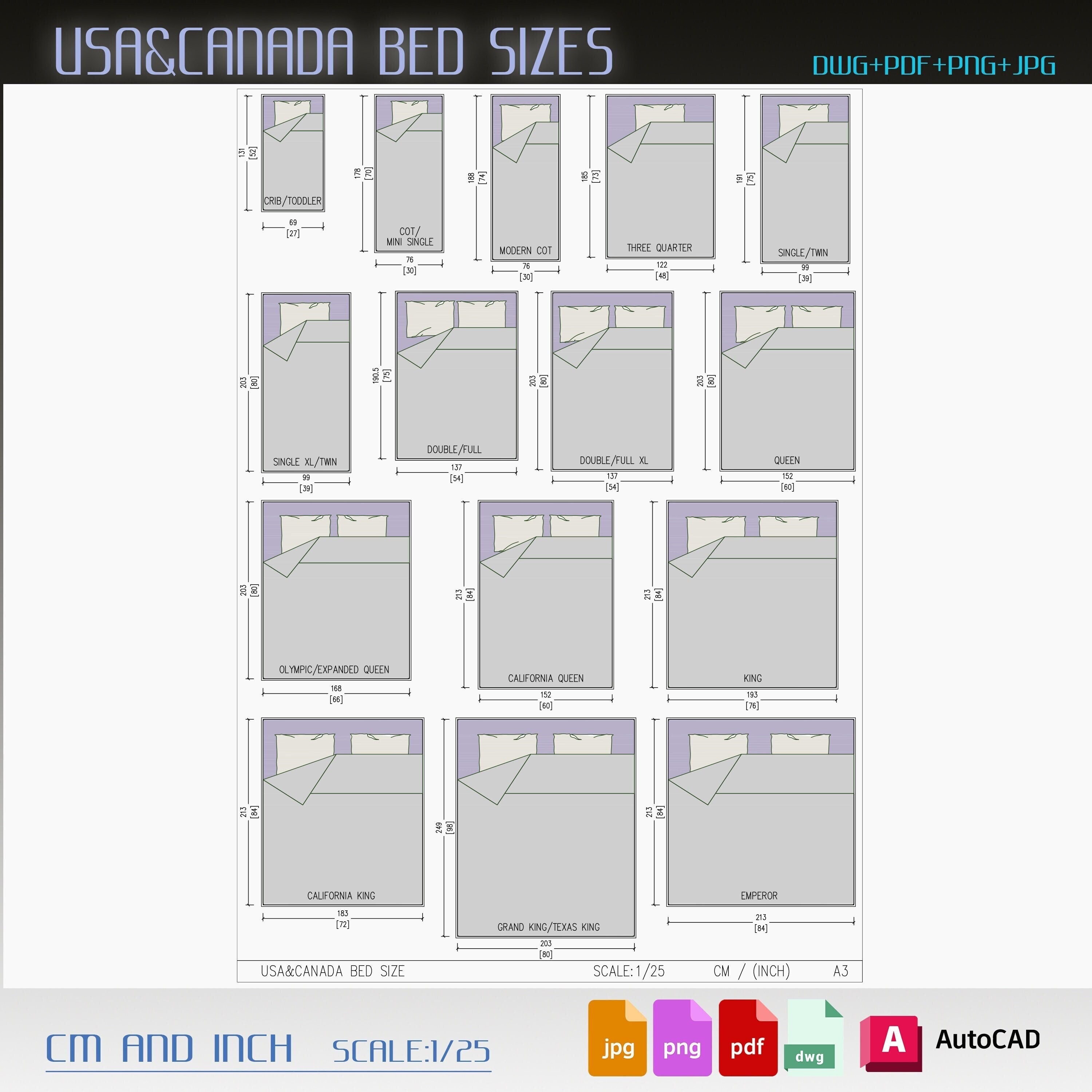 Usa&canada Bed Sizes CAD Drawing (dwg, Pdf, Png, Jpg) - Etsy