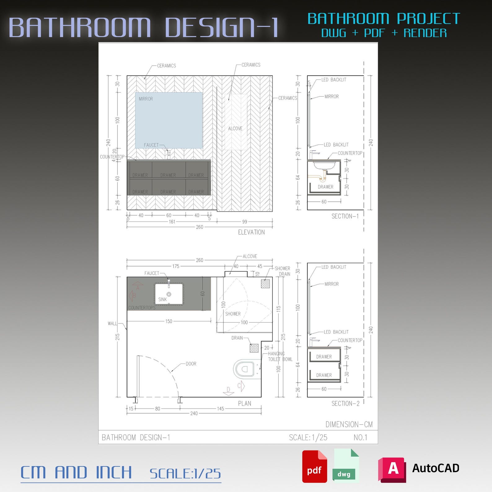 Bathroom Design Project: Architectural CAD Drawing (DWG, PDF) - Etsy