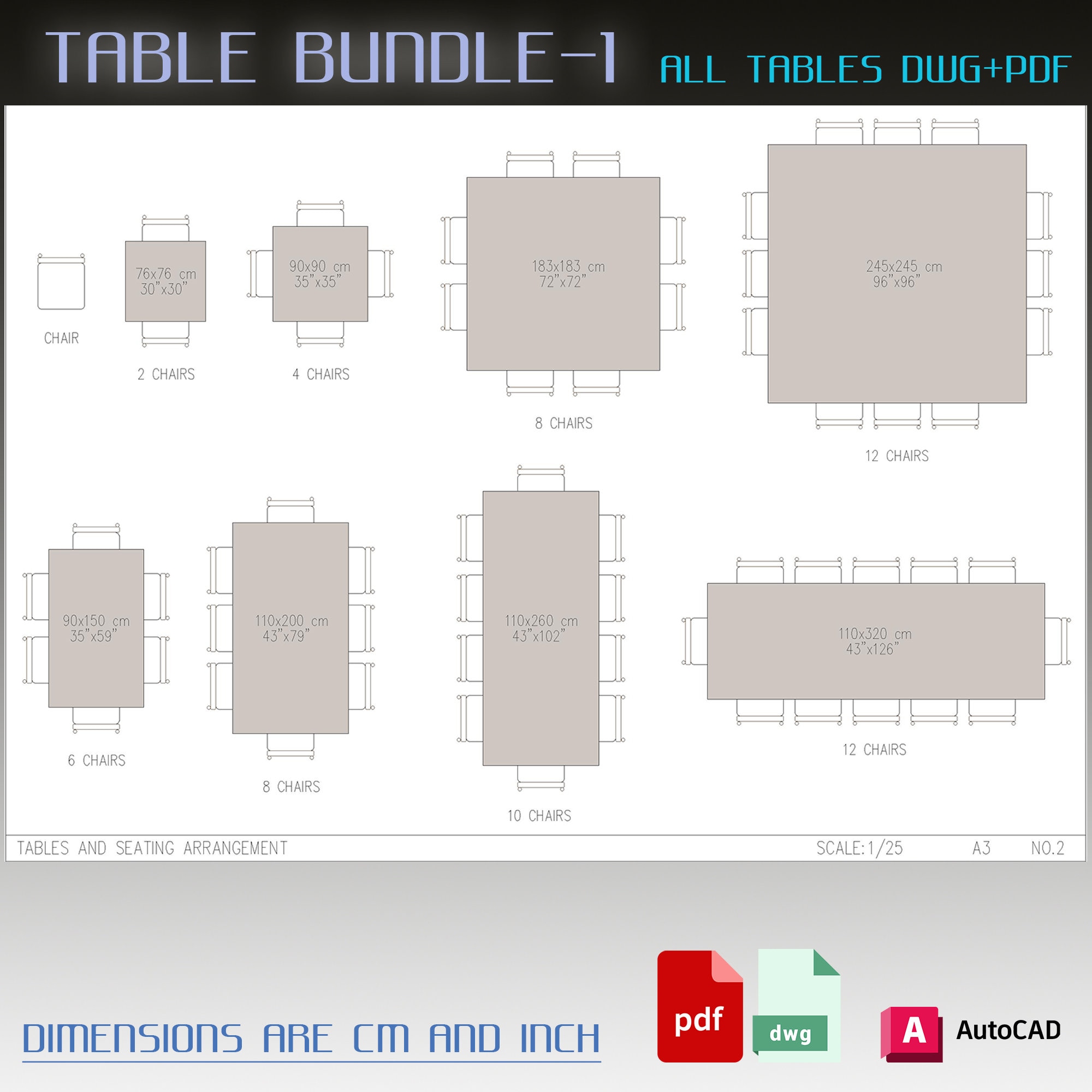 Tables Bundle Plan DWG/CAD, Plan Tables, Furniture Plan, Architecture ...