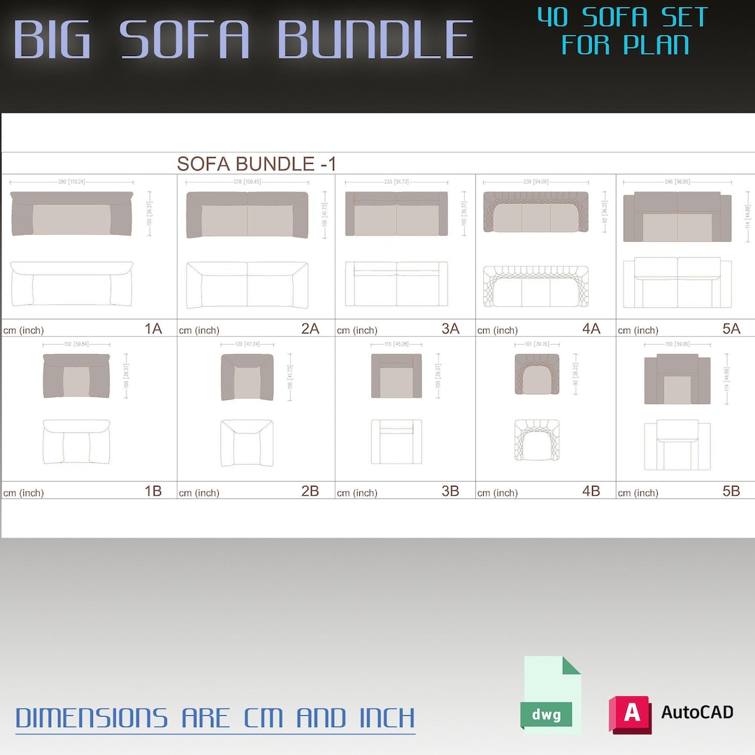 BIG Sofa Set Bundle Plan DWG/CAD, Top View Sofa, Furniture Plan ...