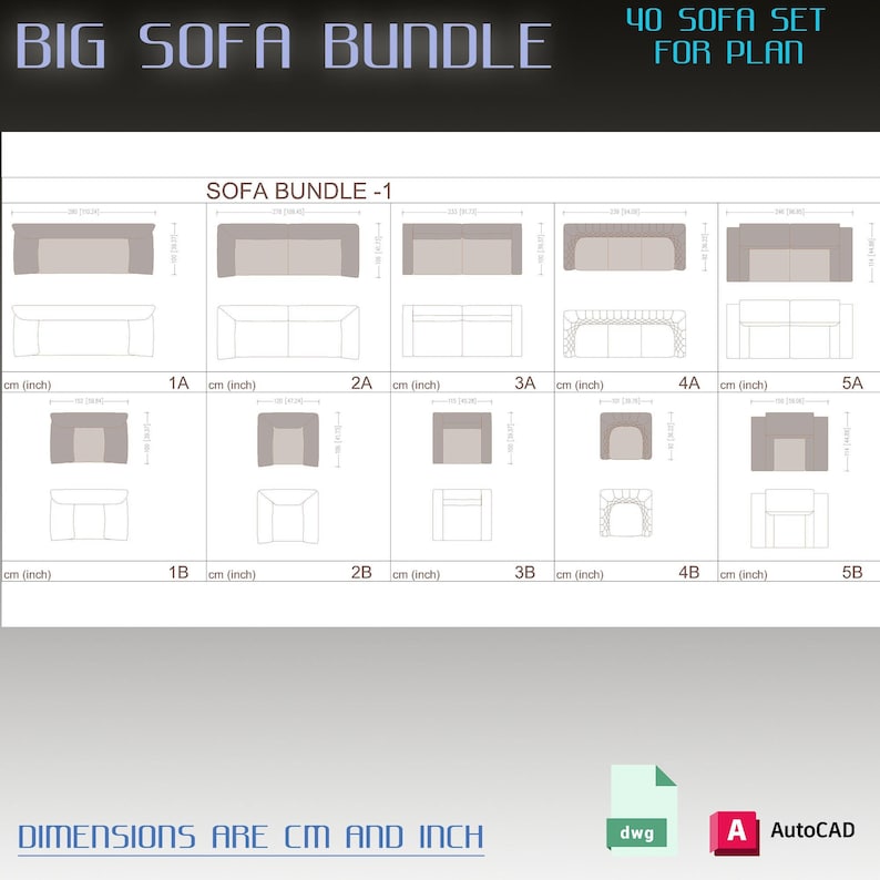 BIG Sofa Set Bundle Plan DWG/CAD, Top View Sofa, Furniture Plan ...